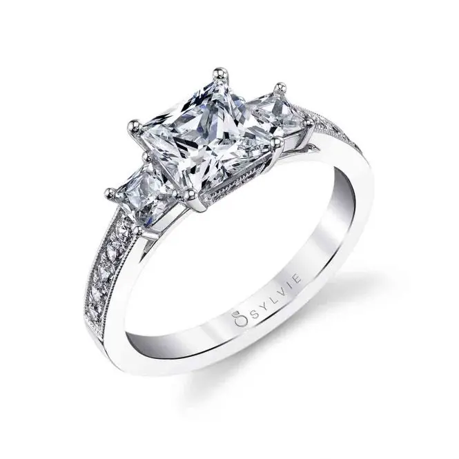 Princess Cut Three Stone Engagement Ring with Baguettes - Nicolette