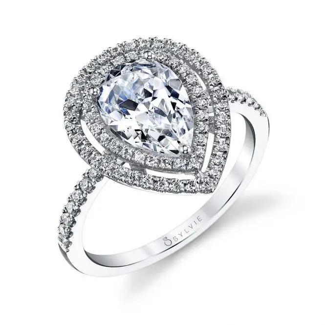 Pear Shaped Double Halo Engagement Ring - Claudia - Sylvie Jewelry